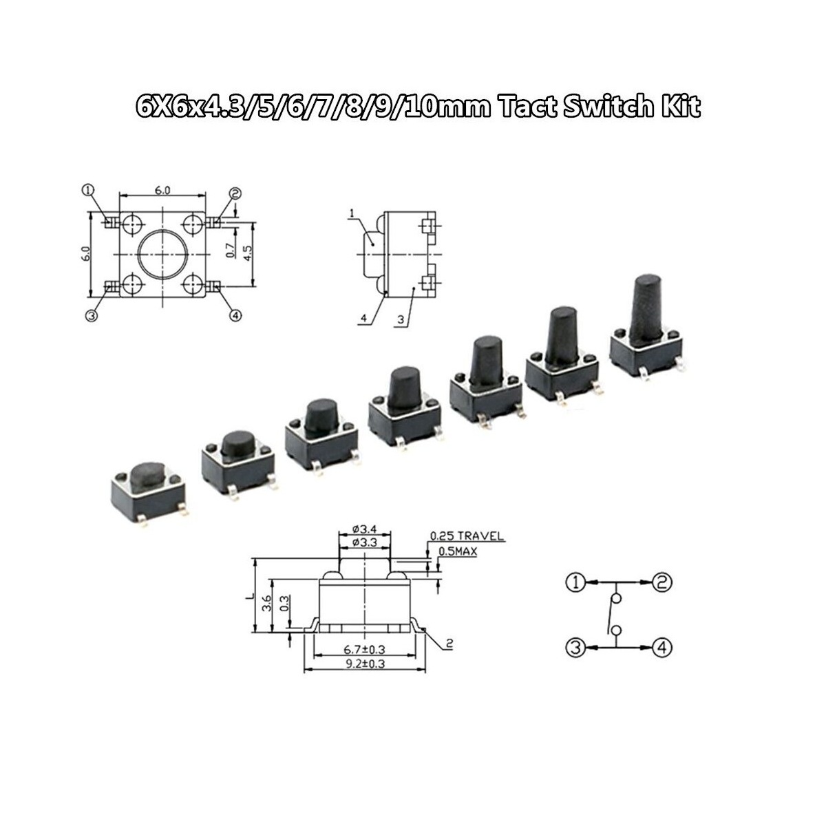 Buy 7 Values 70pcs 6X6x4.3/5/6/7/8/9/10mm Tact Switch Tactile Push ...