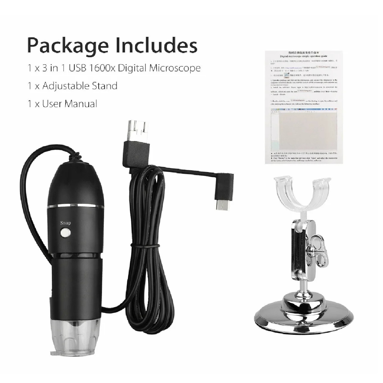 Buy 1600X 3-in-1 USB Digital Microscope Camera Endoscope – 8LED ...